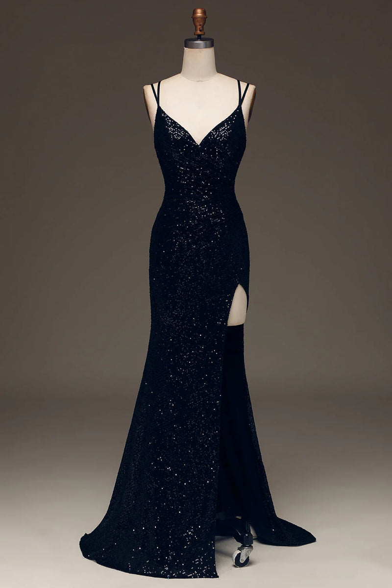 Black Sparkly Sequin Mermaid Long Slim-fit Prom Dress With Slit ...
