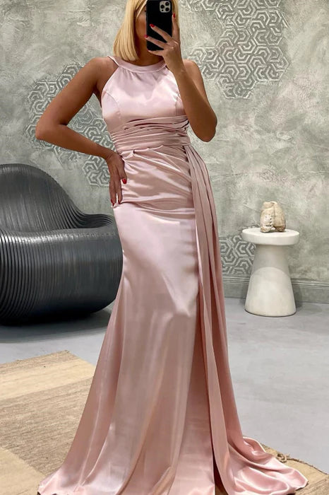 Elegant Mermaid Jewel Neck Pleats Streamer Red Long Prom Dress For Lad ...