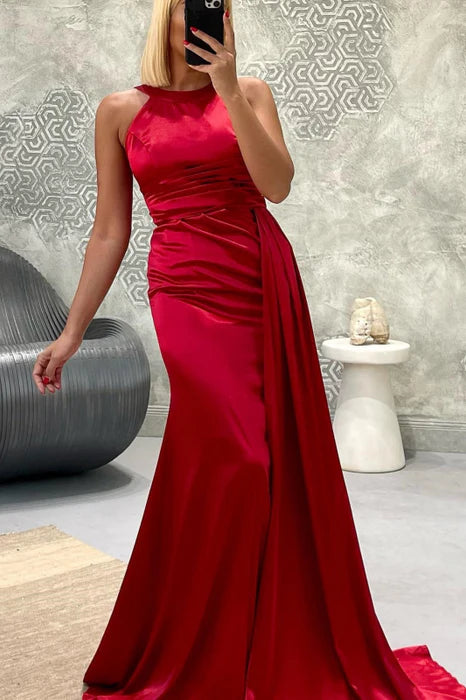 Elegant Mermaid Jewel Neck Pleats Streamer Red Long Prom Dress For Lad ...
