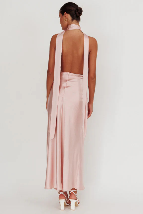 Sexy Halter Neck Rosette Slit Blush Maxi Prom Dress With Streamer ...